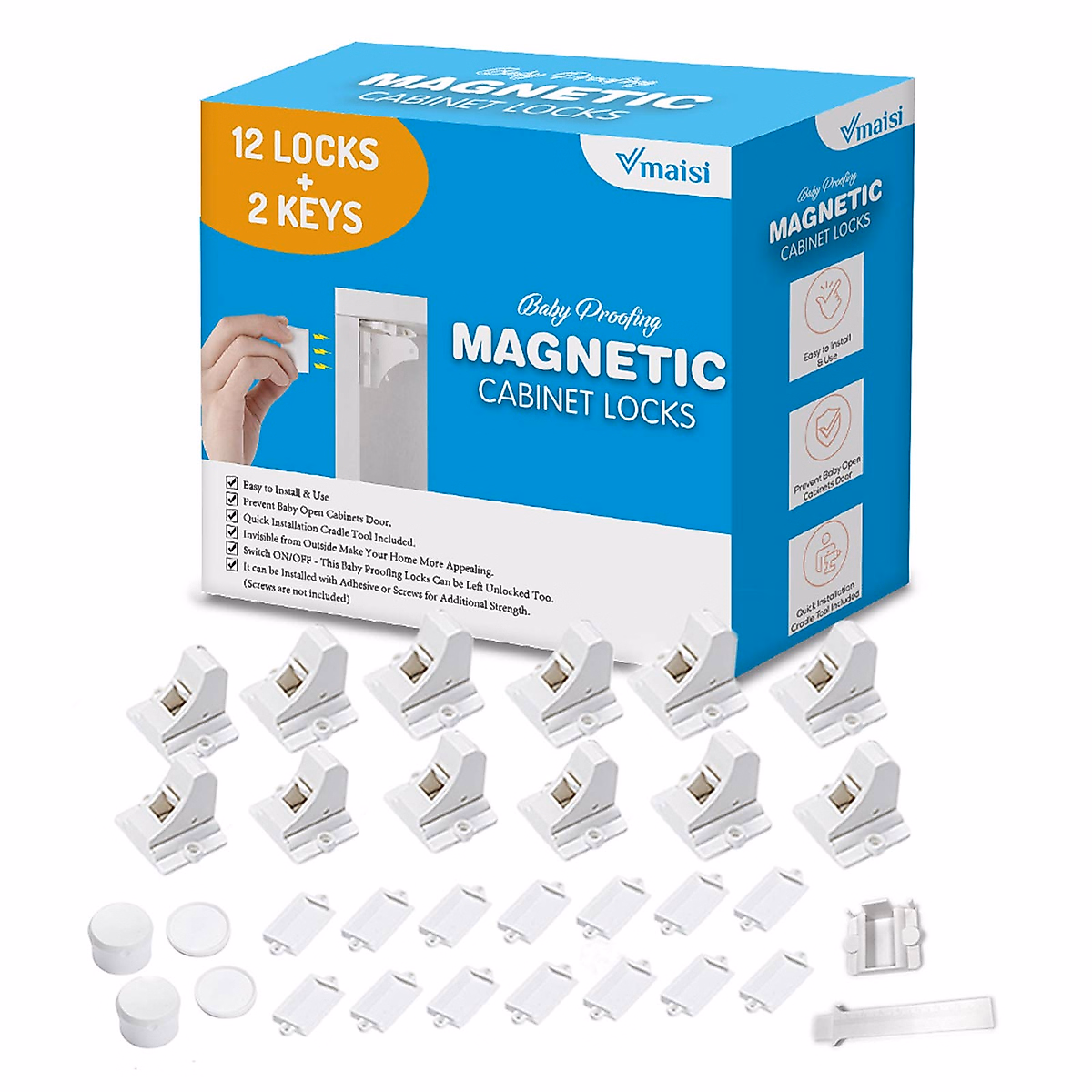 24 Locks + 4 keys - 12 Pack White Magnetic Cabinet Locks Bundle with 12 Pack Blue Magnetic Cabinet Locks