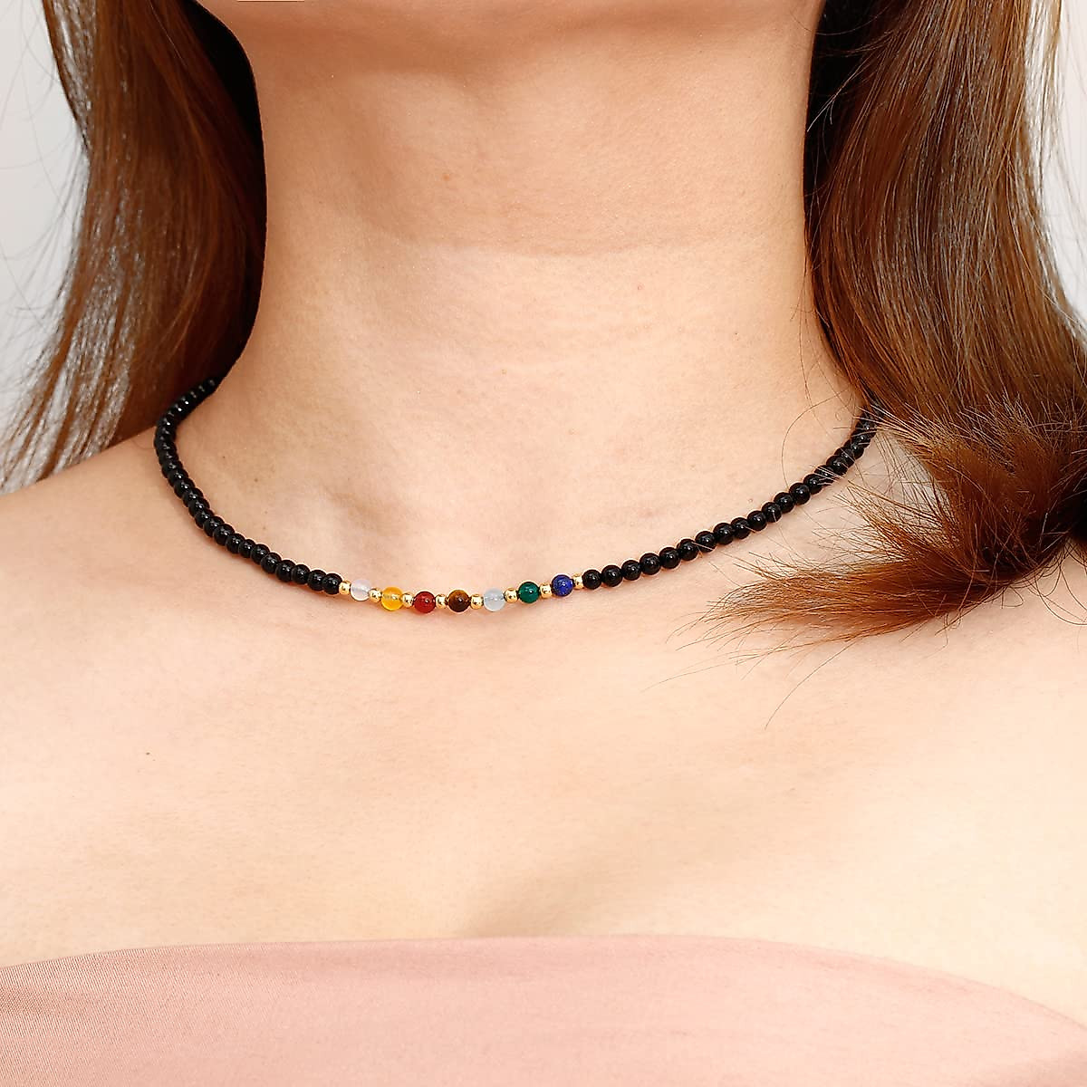 Jewever 7 Chakra Beaded Choker Necklace for Women Black Agate Healing Crystals and Gemstones Meditation Yoga Balance Jewelry