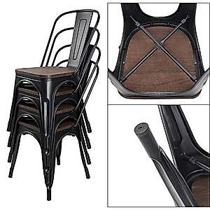 JUMMICO Metal Dining Chair Stackable Industrial Vintage Kitchen Chairs Indoor-Outdoor Bistro Cafe Side Chairs with Back and Wooden Seat Set of 4 (Black)