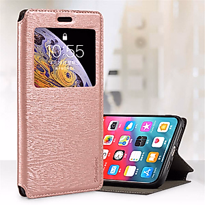 for Emporia Smart 4 Case, Wood Grain Leather Case with Card Holder and Window, Magnetic Flip Cover for Emporia Smart 4 (4.95”) Rose Gold