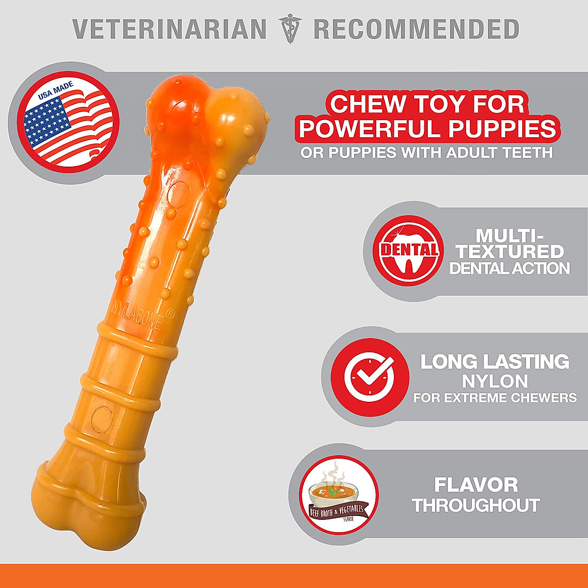 Nylabone Puppy Power Chew Toy - Tough and Durable Puppy Chew Toy for Teething - Puppy Supplies - Beef Broth & Vegetable Flavor, Small (1 Count)
