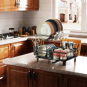 GSlife Dish Drying Rack with Drainboard - Large 2 Tier Dish Rack with 12 Plate Slot, Dish Racks for Kitchen Counter with Utensil Holder Cup Holders Cutting Board Holder, Black