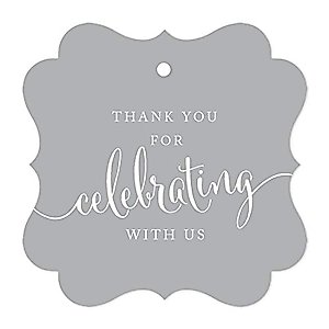 Andaz Press Fancy Frame Tags, Thank You for Celebrating with Us, Gray, 24-Pack, for Baby Bridal Wedding Shower, Birthdays, Anniversary, Graduation, Baptism, Christening, Party, Boxes, Presents