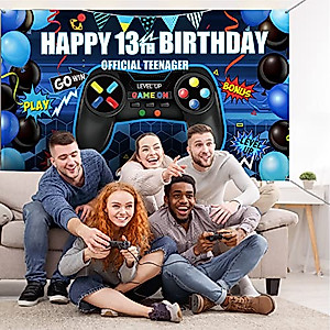 Happy 13th Birthday Video Game Backdrop Banner, Level 13 Up Birthday Background with Game Controller Print Gaming Theme for Photography, Photo Props, Video Game Party Wall Decoration (Blue)