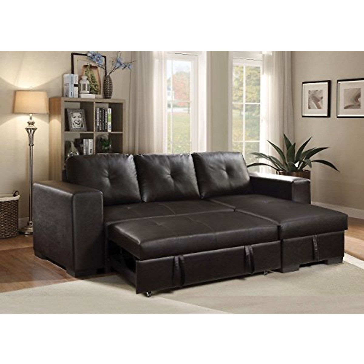 ACME FURNITURE Lloyd Black Faux Leather Sectional Sofa with Sleeper