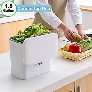 Tiyafuro 1.8 Gallon Kitchen Compost Bin for Countertop or Under Sink, Hanging Small Trash Can with Lid for Cabinet Door, Mountable Garbage Can for Bathroom, Odorless Compost Bucket White