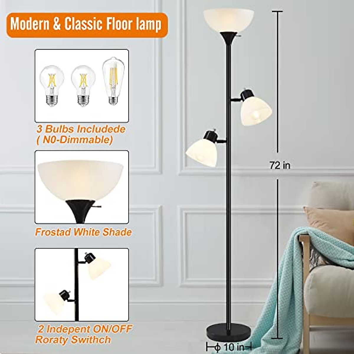 Luvkczc Torchiere Floor Lamps for Living Room with 3 Lamps, Tall Modern Standing Lamps, Industrial Bright Floor Lamp for Bedroom, Office, Dresser, 3 LED Bulbs Included