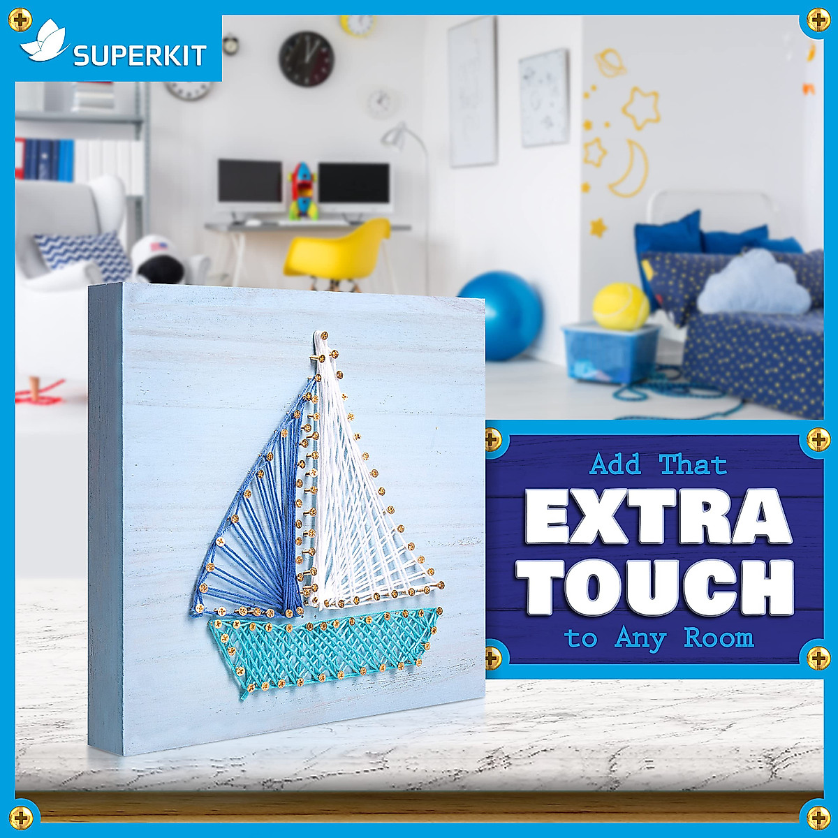 Superkit Boat String Art Kit: Complete 3D Wood DIY Art Craft Set, Marked Holes, 3 Colored Skeins, Screws, Screwdriver, Paints, Foam Brush, Ages 7+