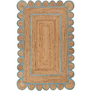 THE RUG CAFE Natural Scalloped Jute Area Rug Bohemian Scallop Boho Decor Area Handwoven Custom Rugs Decorative Rug Natural Base Off Color Trim Reversible Braided Woven Rugs (Turquoise 4 X 6 Feet)
