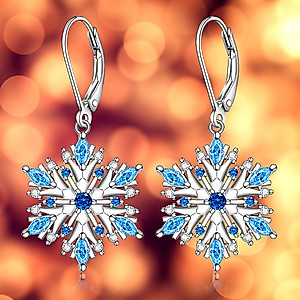 Snowflake Earrings for Women Sterling Silver Winter Snow Flower Leverback Drop Dangle Earrings Blue Sapphire Holiday Christmas Jewelry Gifts
