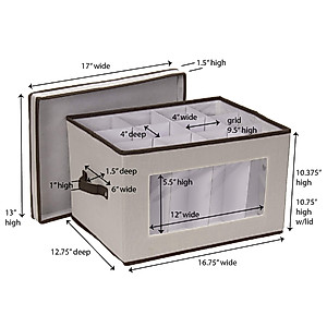 Household Essentials Natural 540 Vision Storage Box with Lid and Handles |Stemware and Glasses for Cocktails Beige Canvas with Brown Trim