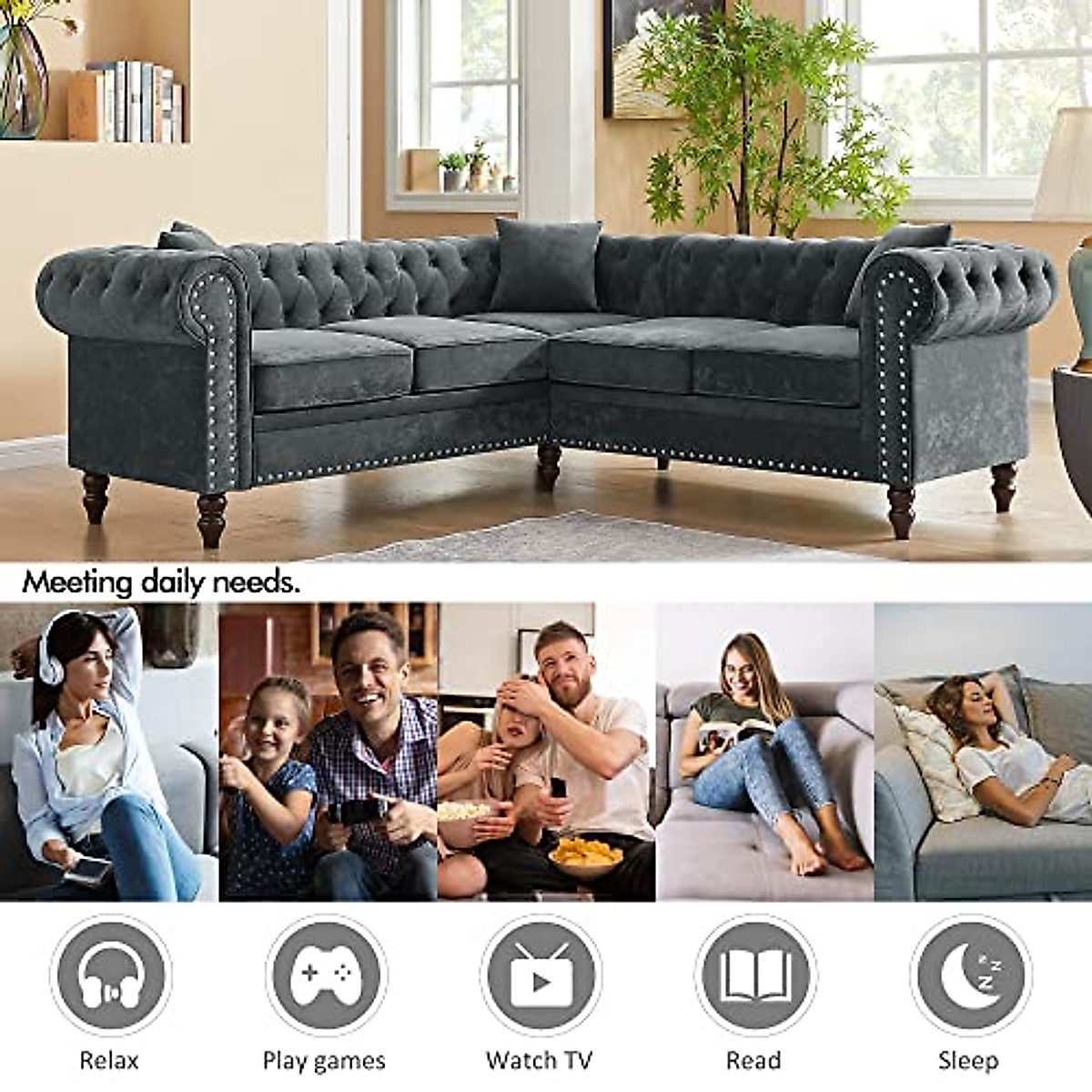 ERYE 80" L-Shaped Corner Symmetrical Sectional Sofa,Button Tufted Velvet Upholstered Modular Sofa & Couch,Classic Chesterfield Luxury Roller Armrest Couch,Nail Head Decor with 3 Pillows,Graphite Gray