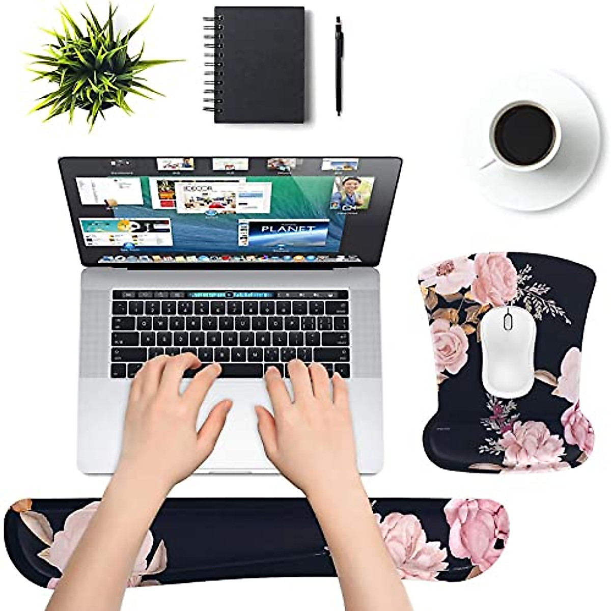 MOSISO Wrist Rest Support for Mouse Pad & Keyboard Set, Peony Ergonomic Mousepad Non-Slip Base Home/Office Pain Relief & Easy Typing Cushion with Neoprene Cloth & Raised Memory Foam, Black