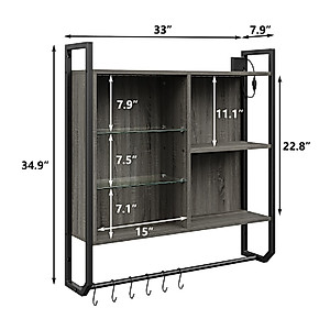 Furnihold Floating Shelves for Wall, 34'' LED Display Shelves Wall Mounted with Adjustable Glass Shelf, 3 Tier Wood Hanging Shelves with 6 Hooks, Gaming Room Shlef, Kitchen Coffee Bar, Charcoal Black