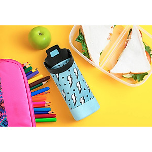 Hydraflow Hybrid Kids Water Bottle with Flip Straw Lid and Boot - Triple Wall Vacuum Insulated Water Bottle (14oz, Rocketships) Stainless Steel Metal Thermos, Reusable Leak Proof BPA-FREE