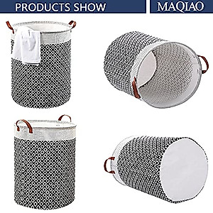 [2 Pack] Large Laundry Hamper Basket, 63L Freestanding Waterproof Clothes Basket, Collapsible Round Bohemia Storage Organizer with Leather Handles for Dirty Clothes, Home Storage (Black)