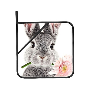 Oven Mitts and Pot Holders 4 Pack Cute Rabbit Heat-Resistant Oven Glove with Non-Slip, Oven Mitts for BBQ Baking Grilling Kitchen Home Gift Set