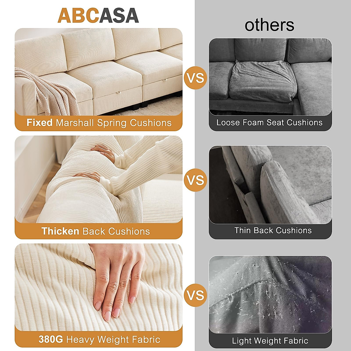 ABCASA Modular Sectional Sofa with Storage Chaises,Modular Sleeper Sofa Couch 6 Seat Sectional Sofa Bed Couch for Living Room,Apartment,Corduroy,Ivory