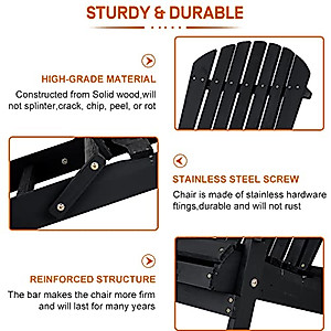 Folding Adirondack Chair Set of 2 Patio Chairs Weather Resistant Folding Outdoor Chair Solid Wooden Heavy Duty Reclining Fire Pit Chair for Deck, Lawn, Backyard, Garden-Black