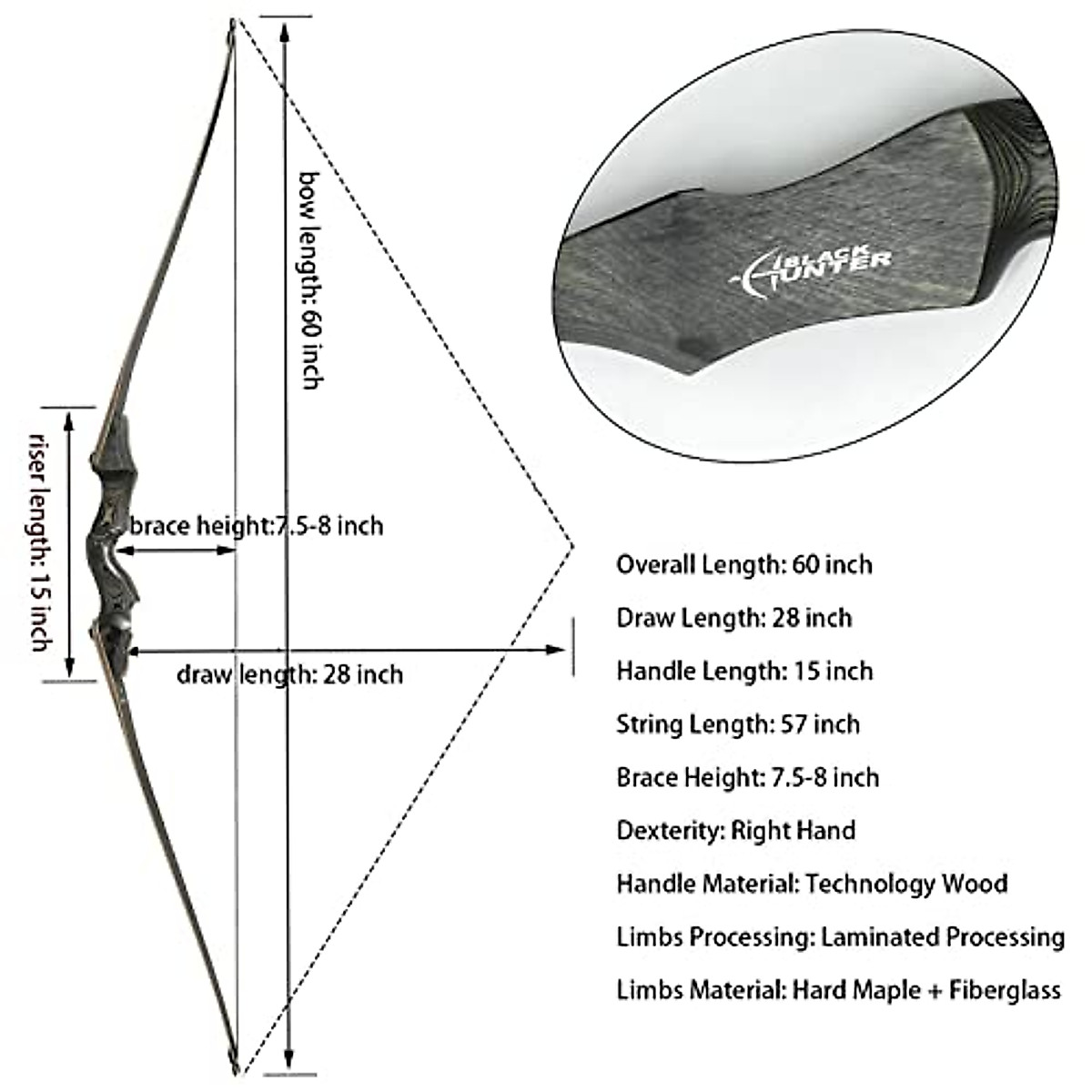 Black Hunter Archery Takedown Bow Longbow American Longbow Adult Right Hand Hunting Wood Bow 60",30-60lbs Target Practice