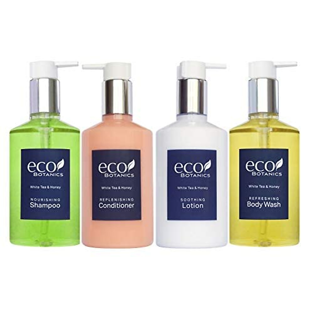 Eco Botanics Hotel Amenities Set | 10.14oz Pump Bottles | Shampoo, Conditioner, Hand & Body Wash, and Lotion | Set of 4