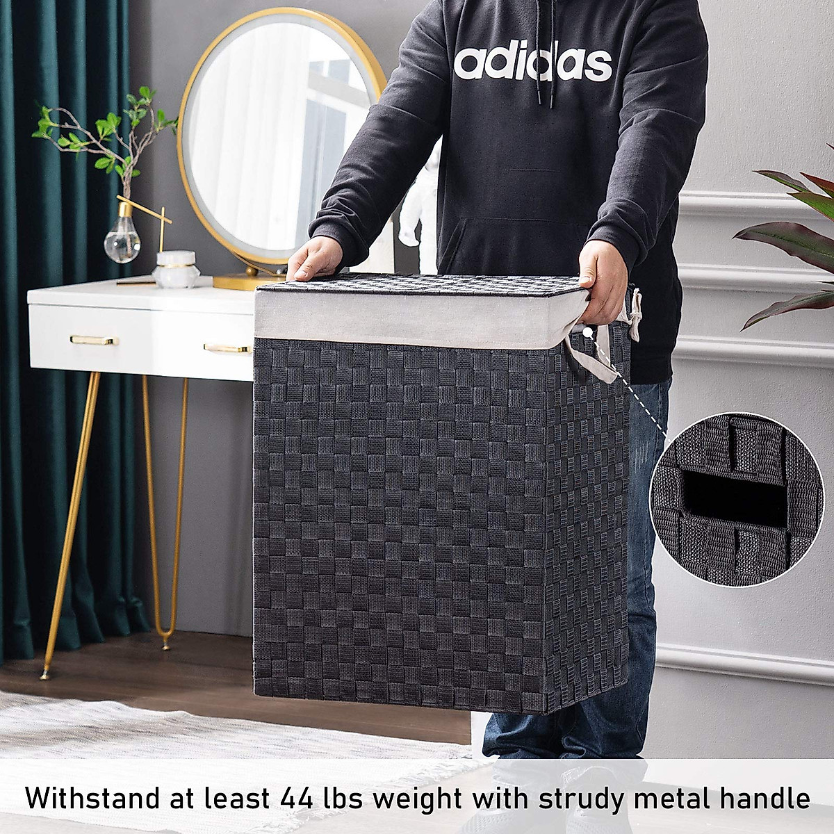 YOUDENOVA Handwoven Laundry Basket Hamper with Removable Liner Bag and Lid, Collapsible Clothes Hamper with Handle, Grey