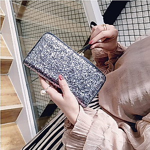 FuSi Sequined Wallet Casual 2-Fold Long Coin Purse for Gift (Black)