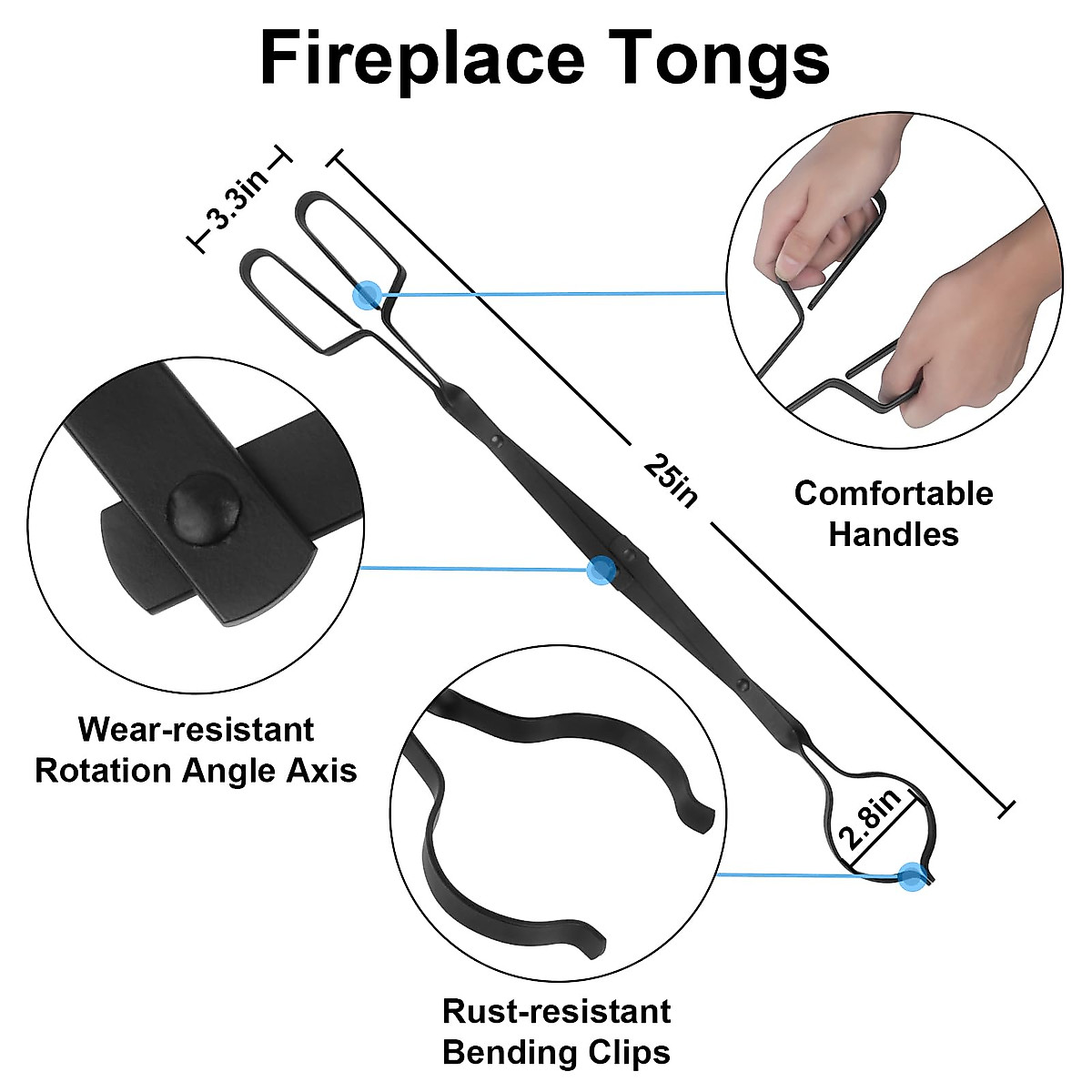 Fireplace Tools Fire Pit Accessories - 25" Fireplace Tongs and 32" Poker Set - Stove Accessories Fire Tongs Solid Poker Stick Tools - Log Grabber Heavy Duty Rust Resistant for Indoor and Outdoor use