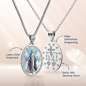 PicturesOnGold.com Sterling Silver Virgin Mary Catholic Oval Miraculous Medal Necklace Pendant for Women (Sterling Silver - 2/3 Inch X 3/4 Inch)