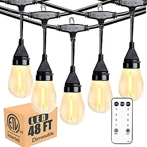 Lightdot 48ft Outdoor Light String with Remote, LED Remote Control String Lights with 16 pcs Dimmable Shatterproof 1W Bulbs, 2200K Commercial Grade Hanging Light for Patio Backyard Christmas Decor