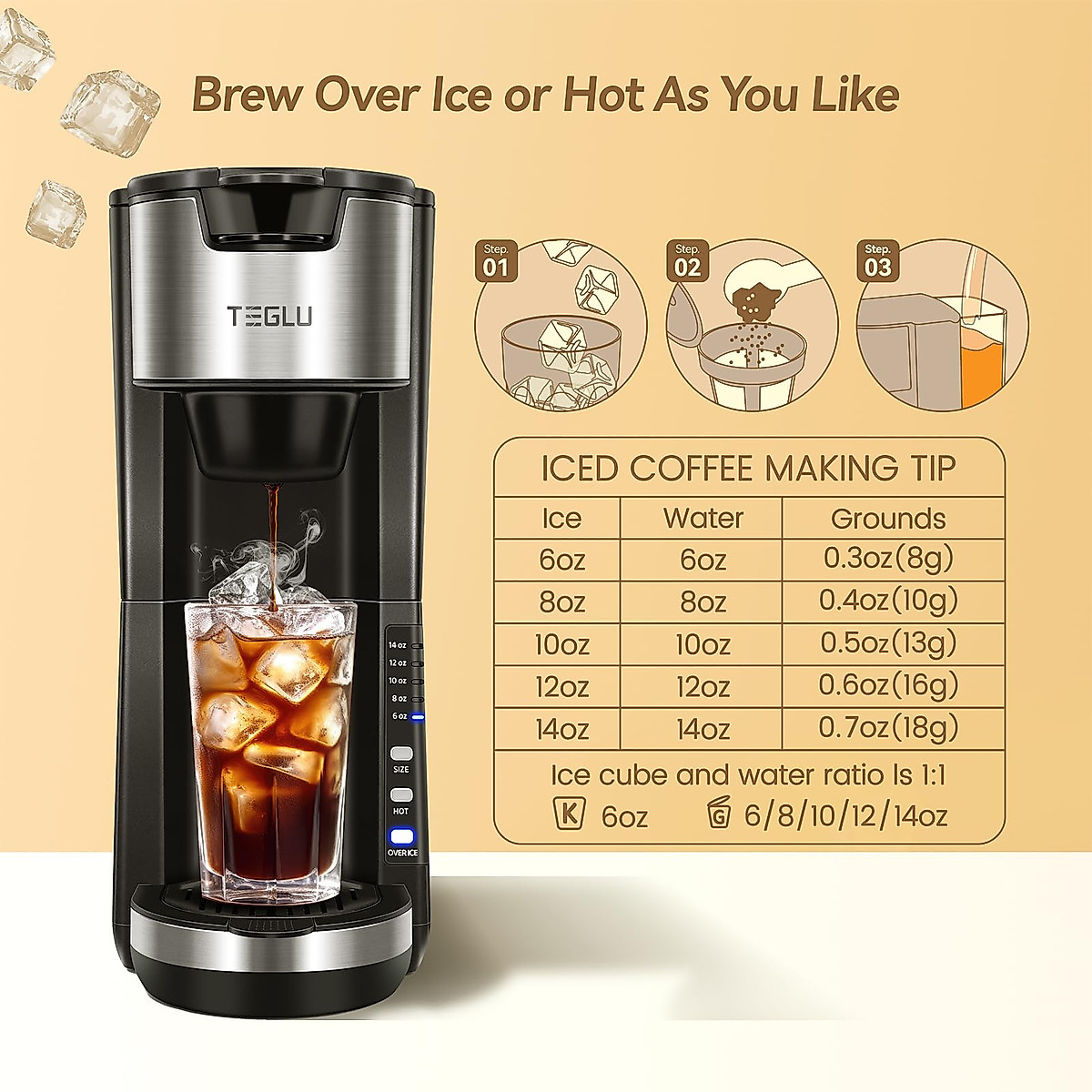 Teglu 2024 Hot and Iced Coffee Maker Single Serve for K Cup and Ground Coffee, Iced Coffee Machine with 30oz Removable Water Reservoir, Brews 6 to 14oz Cup Size, Fits Travel Mug, Black