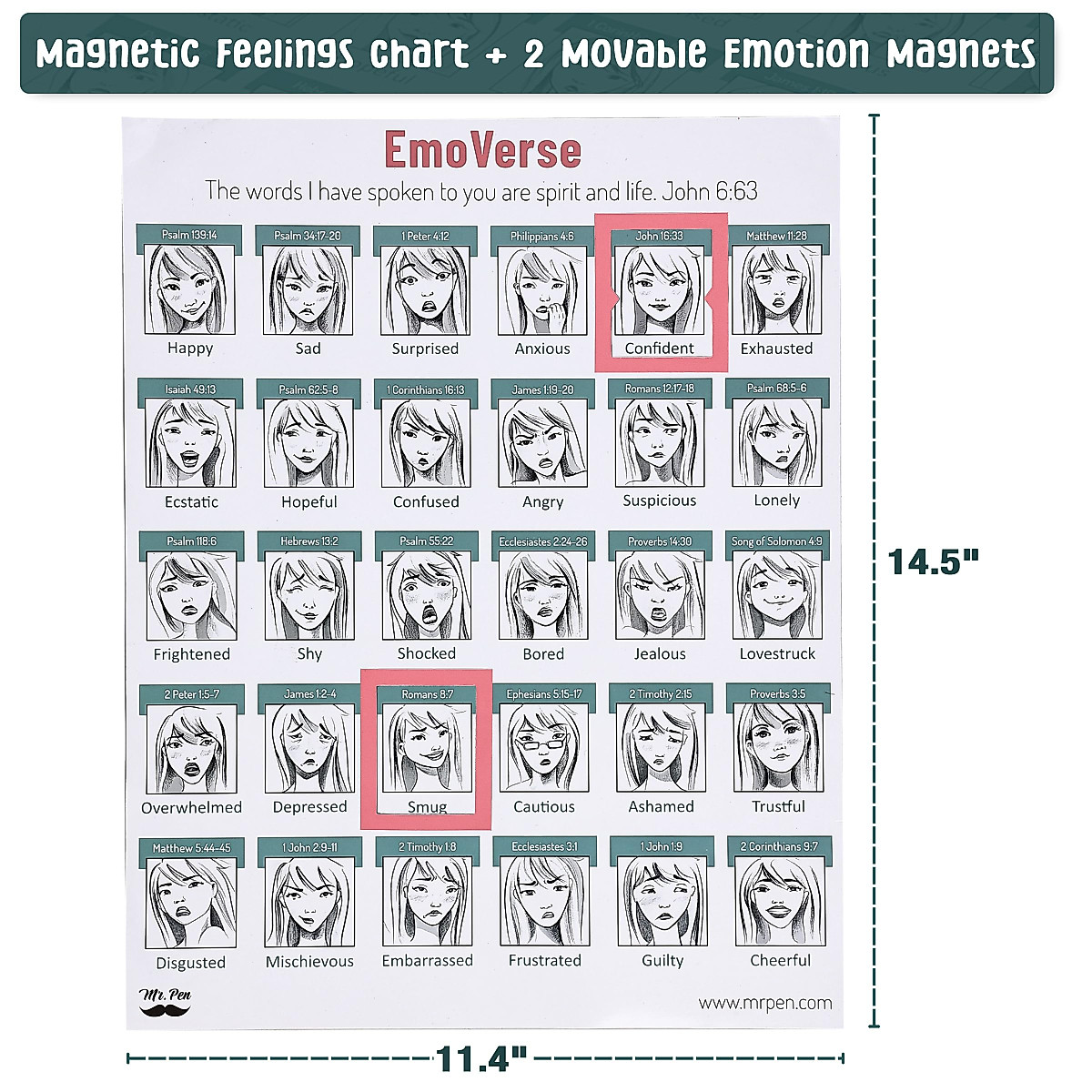 EmoVerse Magnet Feeling Chart with Bible Verse Guide, 14.5"x11.4", Emotions Chart for Kids and Adults, 30 Different Feelings