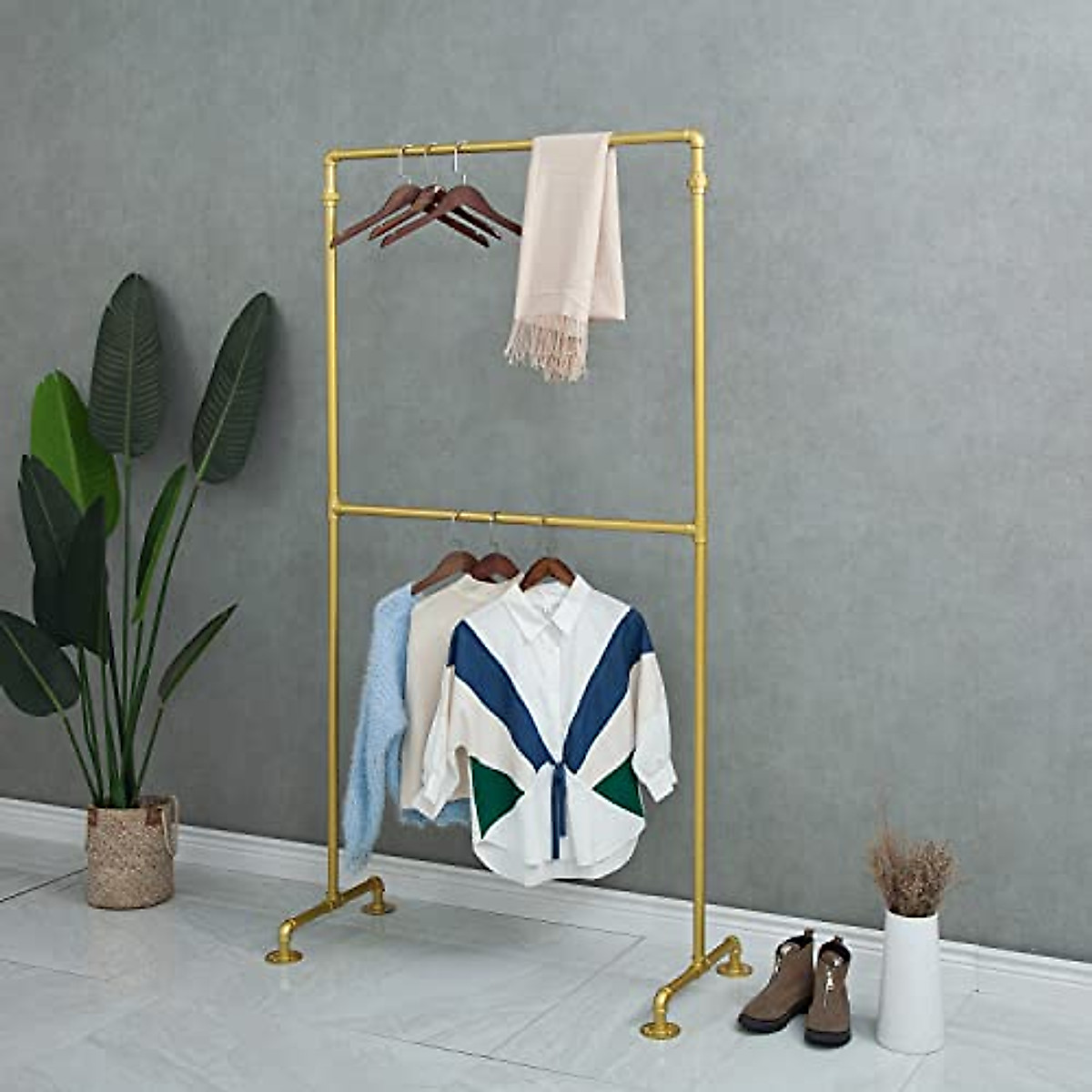 CIVANA 2 Tiers Iron Pipe Clothing Rack, Garment Display Shelf, Commercial Clothes Hanger, Retail Cloth Hanging Bar, Steampunk Style, Gold, 78.7inch