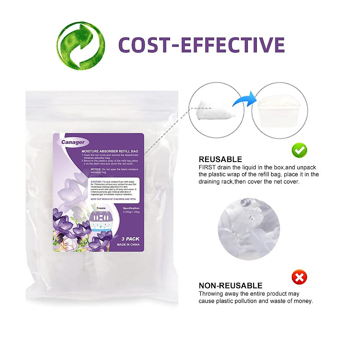 CANAGER Moisture Absorber Refill Bags - 16oz 3 Packs, Individual Packaging, Easy to Replace,Absorb excess water, Freesia.