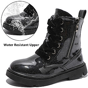 DADAWEN Boys Girls Glitter Ankle Boots Lace Up Waterproof Combat Shoes With Side Zipper for Toddler/Little Kid/Big Kid Black Glitter US Size 2 M Little Kid