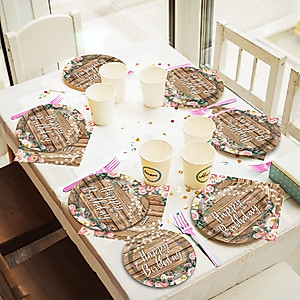 Tevxj 96PCS Pink Floral Birthday Party Plates Wood Grain Flower Tableware Set for Girls Kids Bridal Shower Party Supplies Rustic Wooden Birthday Paper Plates Napkins Forks Decorations for 24 Guests