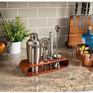 BIRDROCK HOME 10 Piece Bartender Kit with Wood Stand | Acacia | Professional Grade Stainless Steel Cocktail Set | Home Bar Tools | Gifts for Him | Shaker Bottle Opener