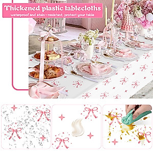 YTHETM 2 Pcs Coquette Birthday Party Decorations Pink Bow Table Cloth Decor Disposable Waterproof Plastic Table Cover Party Supplies for Baby Shower Bridal Bachelorette Party Favor (54 x 108 Inches)