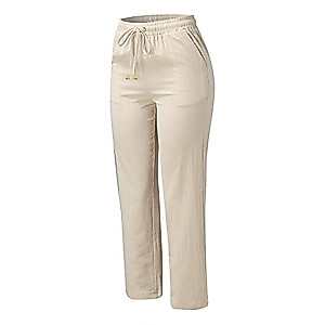Somacperiy Women Cotton Linen Casual Pants Straight Leg Drawstring Elastic High Waist Loose Comfy Palazzo Trousers with Pockets(Beige,XX-Large)