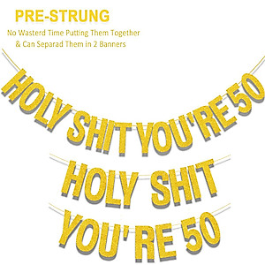 Yasmart Life 50th Birthday Decorations Banner for Women Men Pre-Strung Gold Glitter Birthday Party Decor Sign Funny 50th Bday Party Supplies Holy Shit You're 50 Birthday Banner Party Decoration