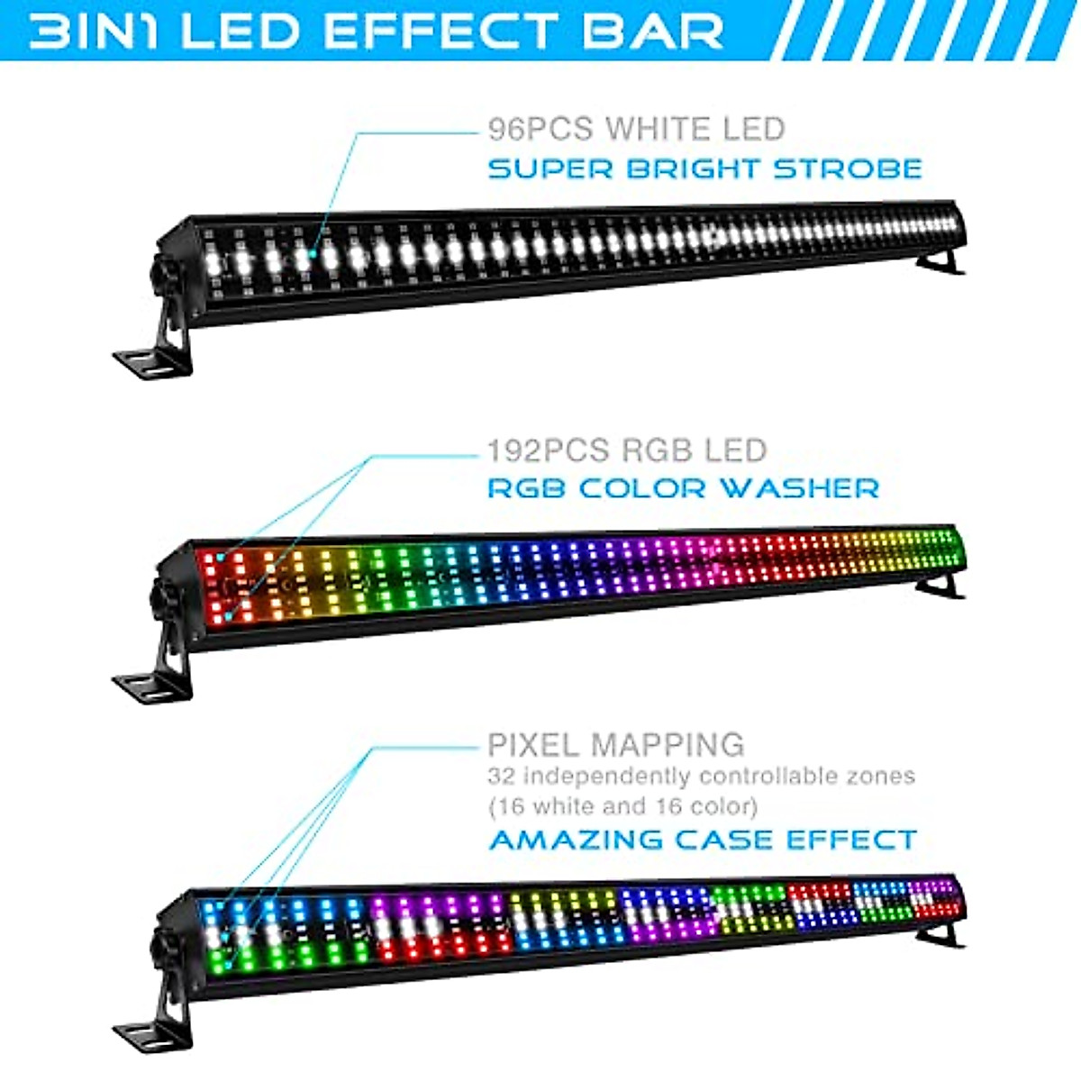 OPPSK LED Stage Wash Light Bar - 100W 288LEDs RGBW DJ Light Bar with Chasing Function Pixel Mapping Strobe Lighting Effects Uplights for Events Concert Music Live Show Wedding Party Stage Lighting