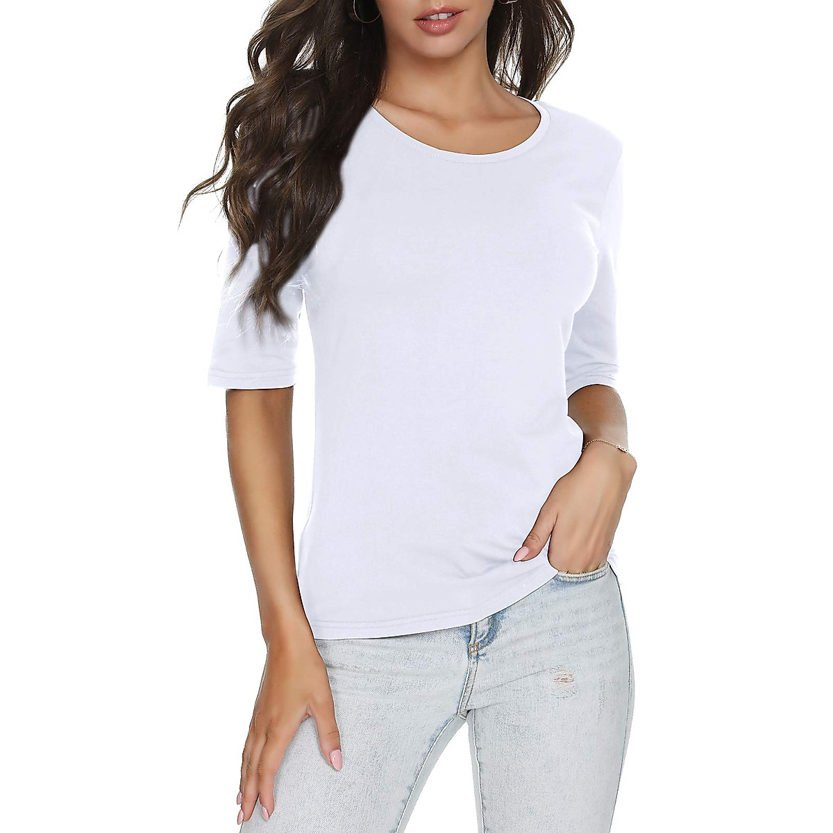 LINDLOOK Women's Casual Round Neck Half Sleeve T Shirt Solid Basic Plain Cotton Tops(White/O-Neck,S)