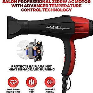 Professional Ionic Salon Hair Dryer, 2200 Watt Powerful AC Motor Ceramic Tourmaline Ion Blow Dryer, Quiet Hair Dryers with Diffuser & 2 Concentrator Nozzle Attachments Black/Red