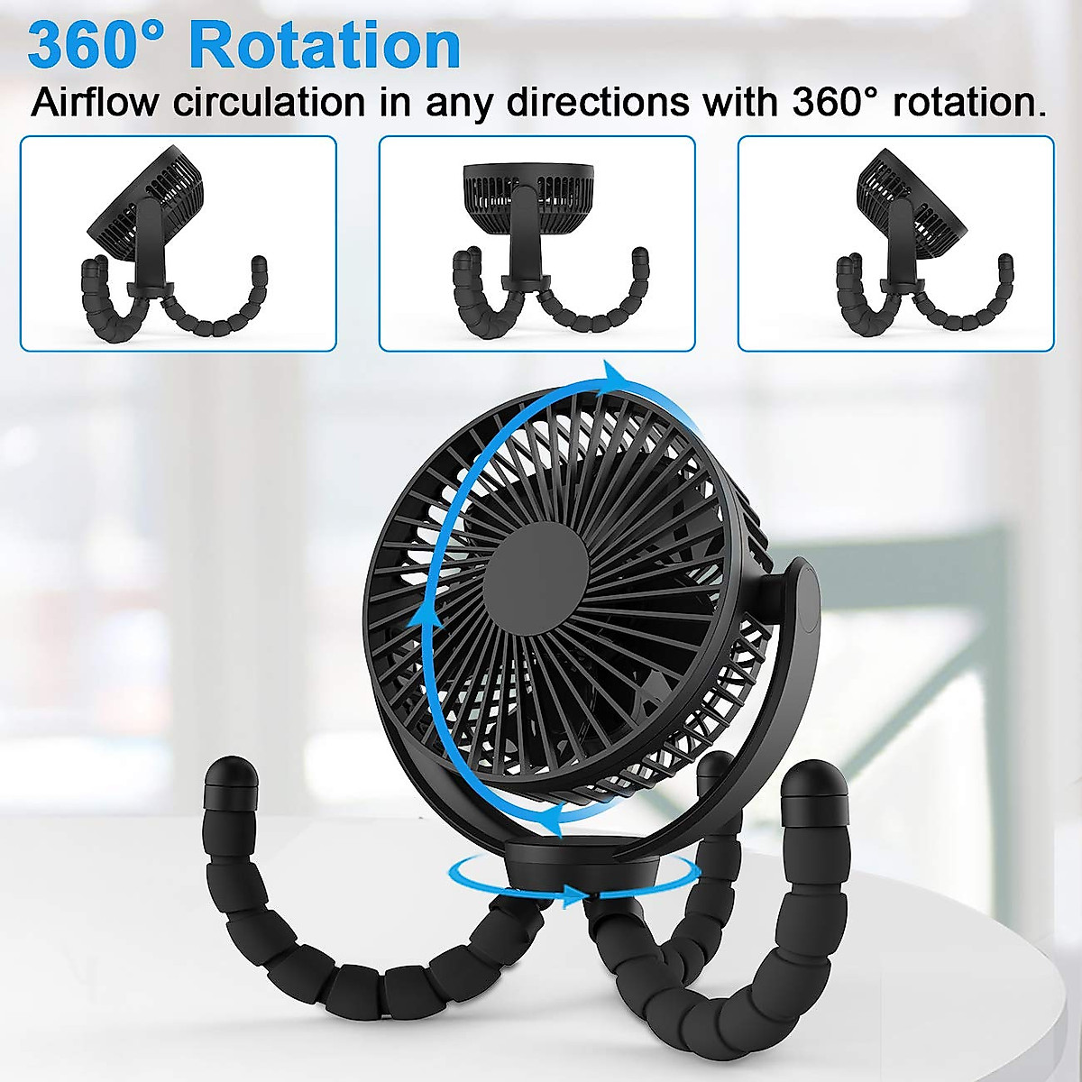 Portable Rechargeable Baby Stroller Fan, 5000mAh Battery Operated Tripod Clip on Fan, 20 Hours Work, 3 Speeds, Small USB Handheld Personal Fan, Ideal for Desk, Treadmill, Outdoor, Golf Cart, Car