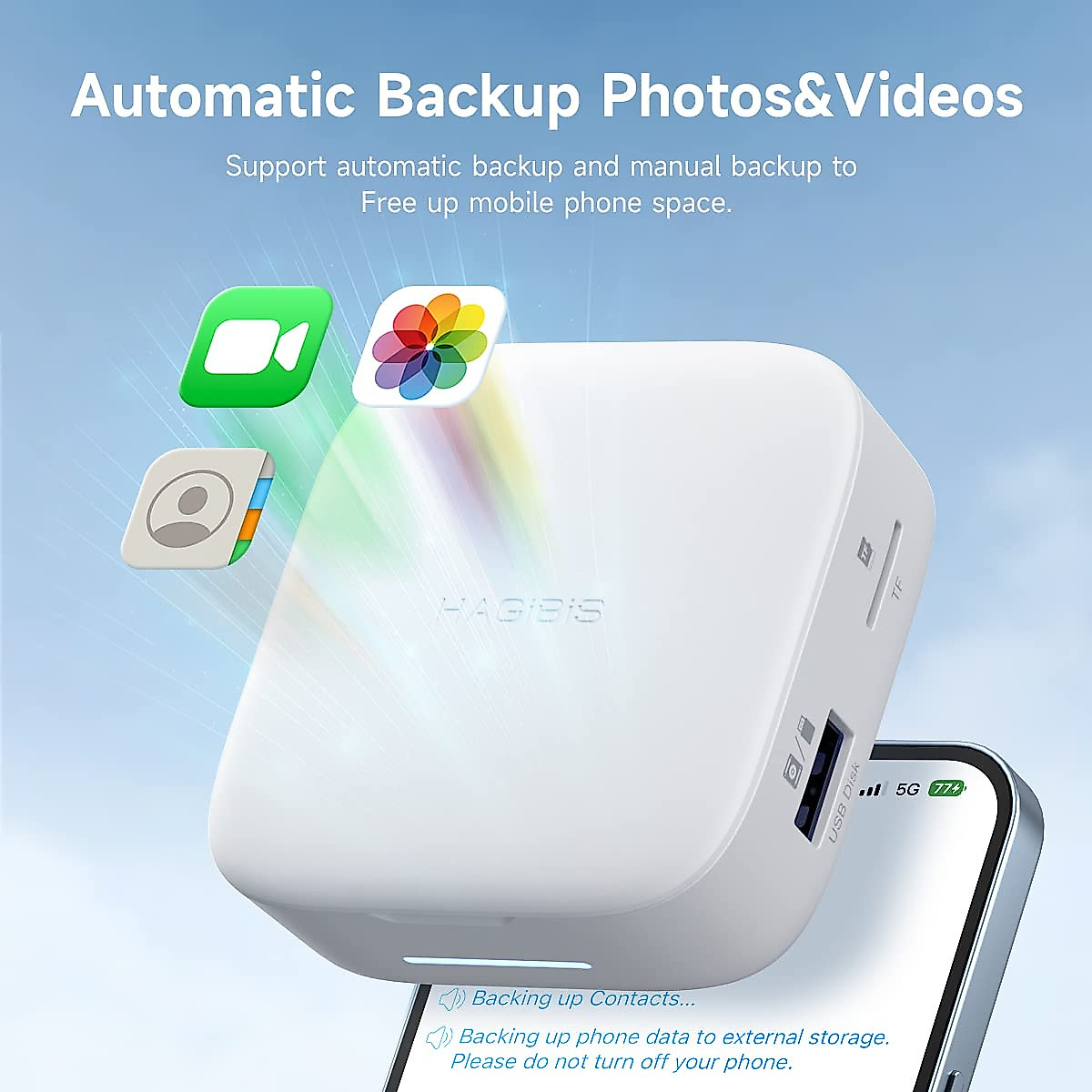 Hagibis Phone Backup Device Cube Auto Backup Photo Storage Photo Stick Picture Video Memory USB Backup Stick for iPhone 15 14 13 12 11 XS Pro Max Mini SE, iPad Pro/Mini, Samsung, Android and Tablet
