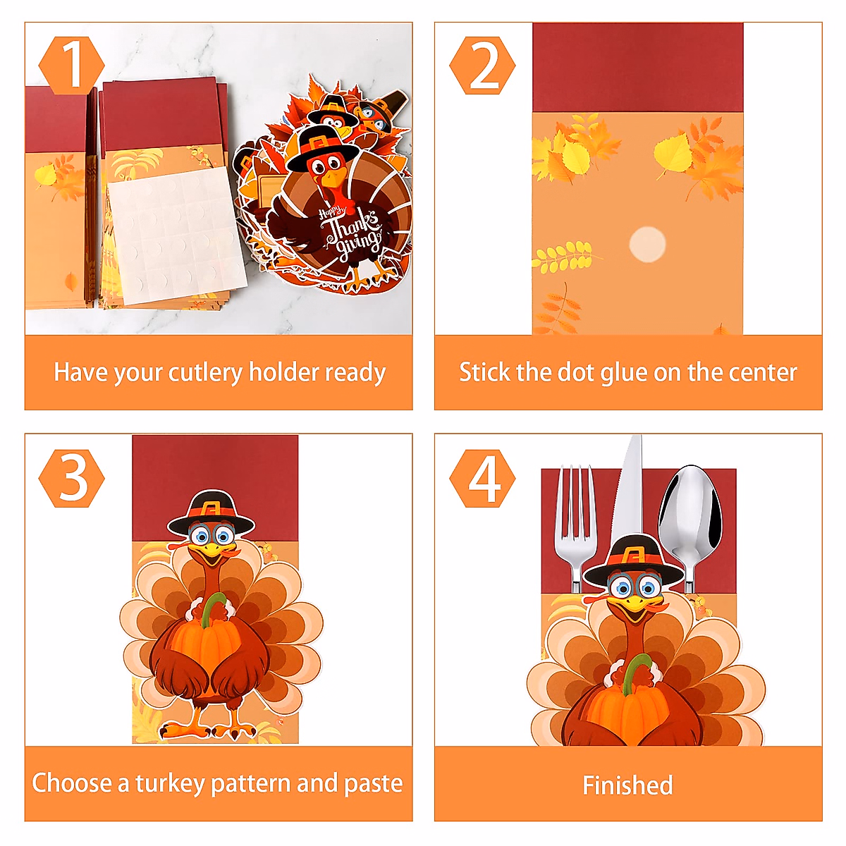 24 Pcs Thanksgiving Cutlery Holder Set Turkey Cutlery Silverware Holder Paper Pocket Thanksgiving Turkey Utensil Décor for Autumn Fall Harvest Party Favor Supply Table Decoration