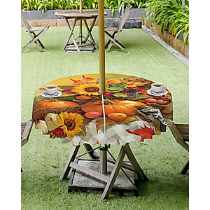 Huotupsine Fall Thanksgiving Outdoor Tablecloth - 60 Inch Round Dining Table Cover, Pumpkins Birds Sunflower Oil Painting Waterproof Outdoor Table Cloth with Umbrella Hole & Zipper for Picnic/Patio