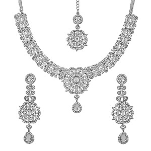 Touchstone Indian Bollywood enchanting floral diamond studded look white Rhinestone embellished bridal designer jewelry necklace set for women in white tone