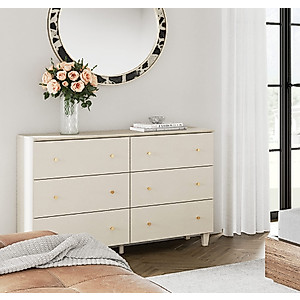 WAMPAT 6 Drawers Dresser for Bedroom, 47.2" Wide Double Dressers with Chest of Drawers, Modern Beige Wood Closet Storage Organizer with Gold Knobs & Solid Legs for Kids Baby Room, Nursery