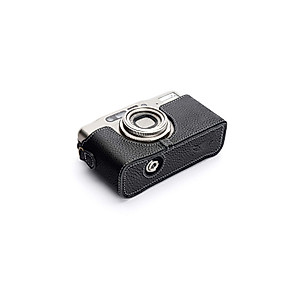 Contax TVS II Case, BolinUS Handmade Genuine Real Leather Half Camera Case Bag Cover for Contax TVS II Camera with Hand Strap (Black)